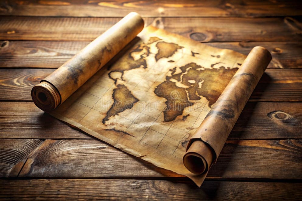 Vintage Parchment or Map on Wooden Table Stock Illustration ...