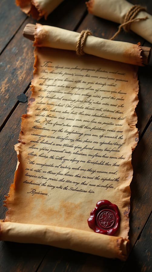 Vintage Parchment Scroll with Handwritten Script and Red Wax Seal Stock ...