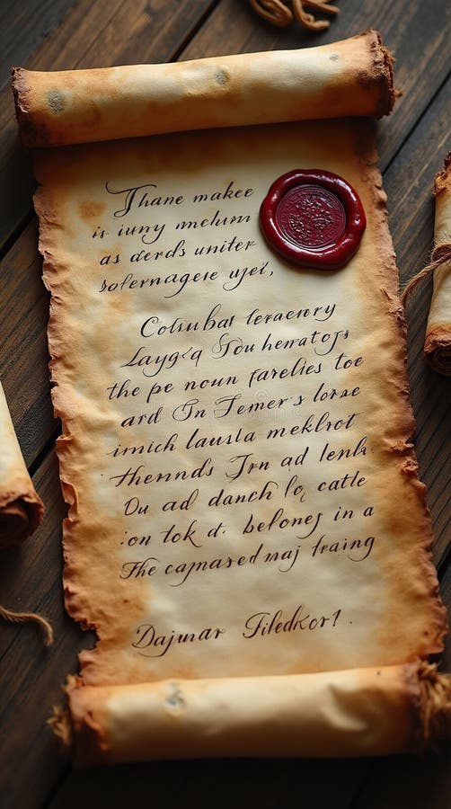 Vintage Parchment Scroll with Handwritten Script and Red Wax Seal Stock ...