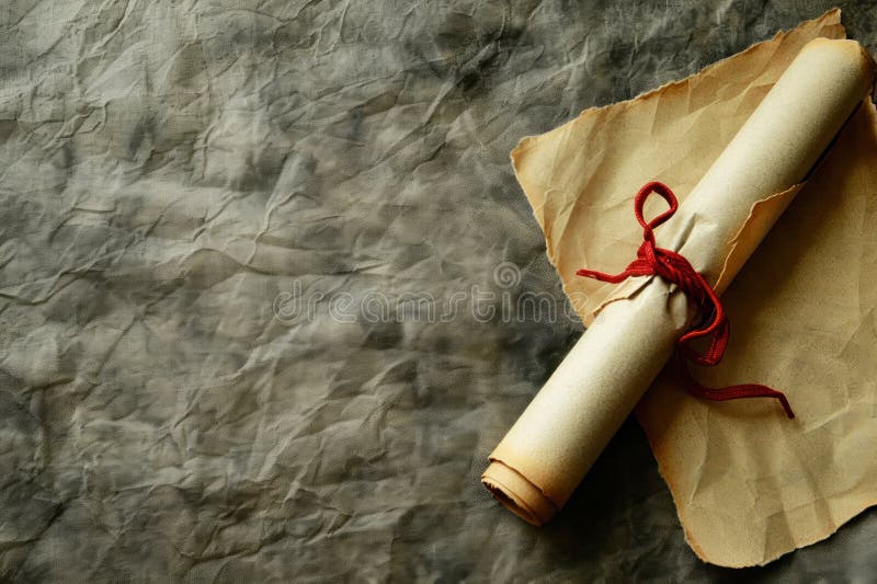 A Vintage Parchment Scroll with a Red Ribbon on Crumpled Paper Stock ...
