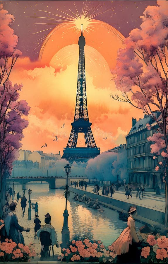 Vintage Paris Poster with Eiffel Tower, AI Generated Stock Illustration ...