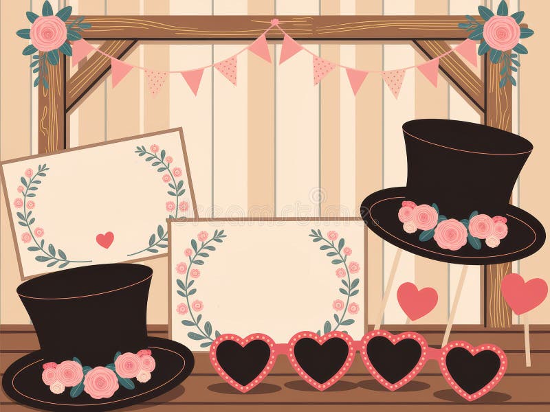 Vintage Party Decorations with Floral Frames and Top Hats Stock ...