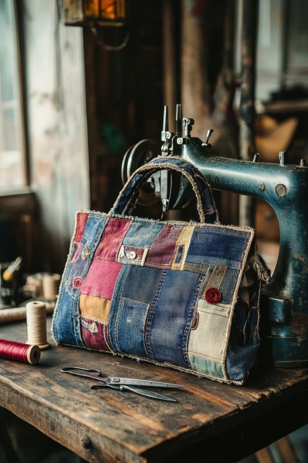 Vintage Patchwork Denim Bag on Wooden Surface with Sewing Machine in ...