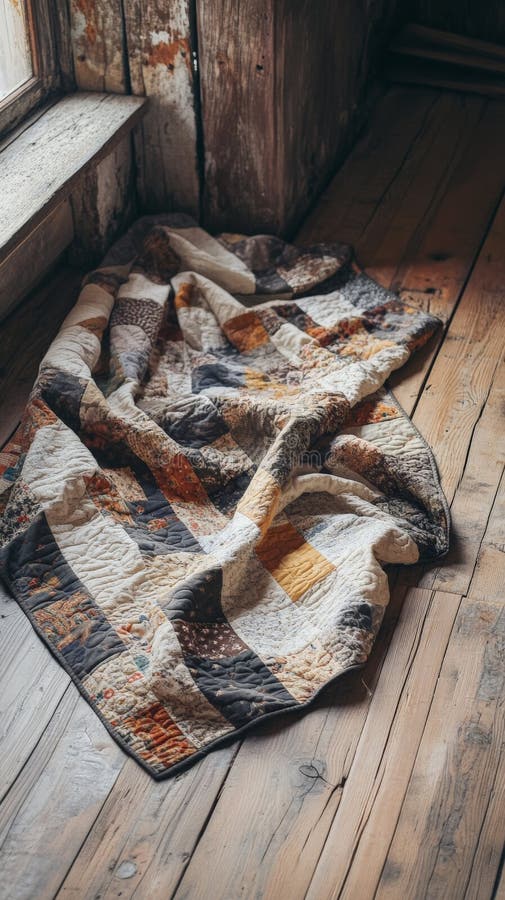 Vintage Patchwork Quilt on Rustic Wooden Floor in Sunlit Room Stock Illustration - Illustration ...