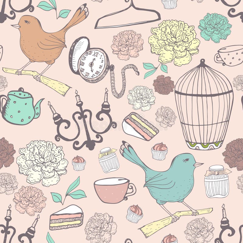 Vintage Pattern in Pastel Colors with Different Old Items. Stock Vector ...