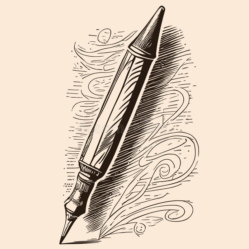 Vintage Pen with Decor, Hand Drawn Sketch Vector Illustration Stock ...
