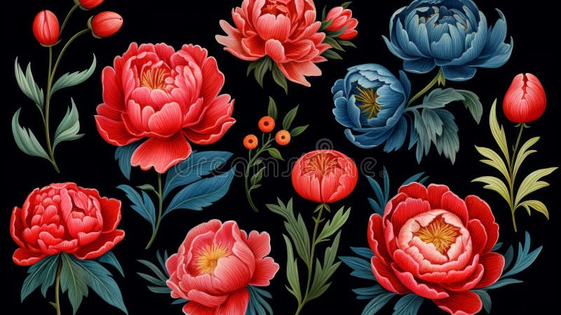 Vintage Peony Embroidered Seamless Patterns for Fabric Printing, Crafts ...