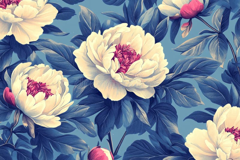 Vintage Peony Floral Illustration Repeating Seamless Pattern Stock ...