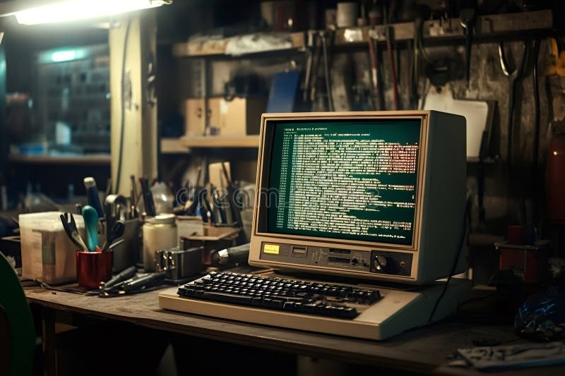 Vintage Personal Computer Displaying Code in Messy Workshop Setting ...