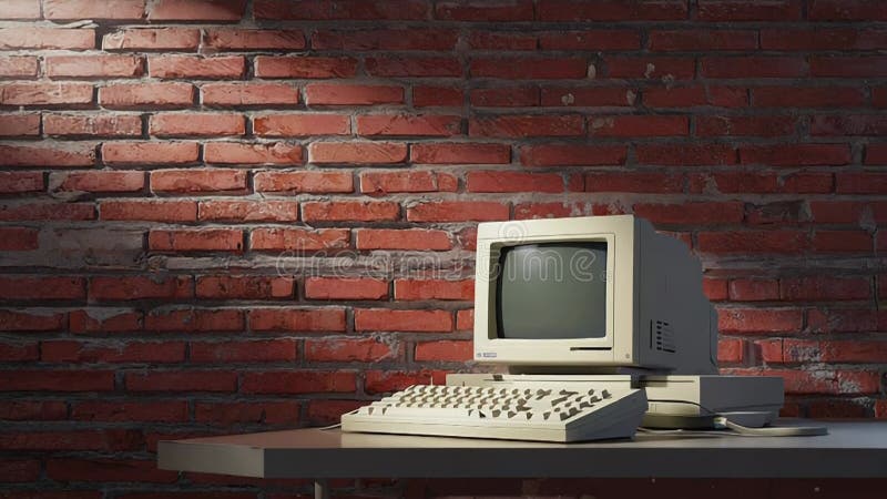 Old Personal Computer Sitting on Desk in Front of Brick Wall Stock ...