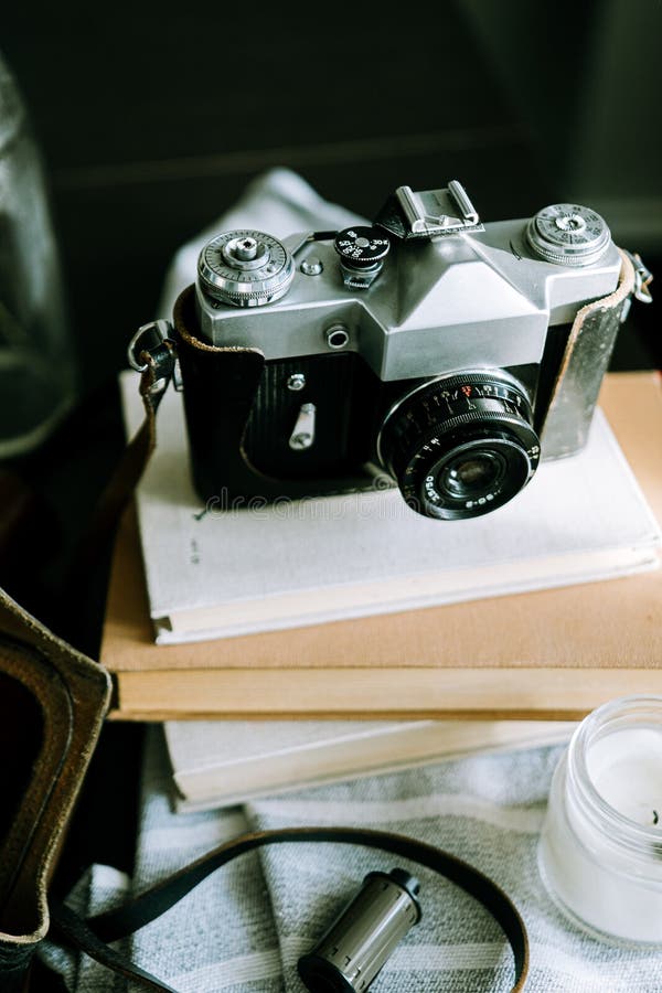 Vintage Photo Camera on Table Stock Photo - Image of table, hipster ...