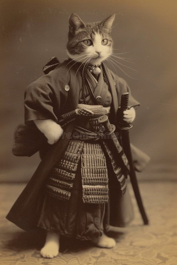 A Vintage Photo of a Realistic Cat that is Dressed As a Japanese ...