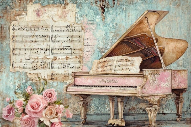 Vintage Piano with Floral Decorations and Old Sheet Music on a Rustic ...