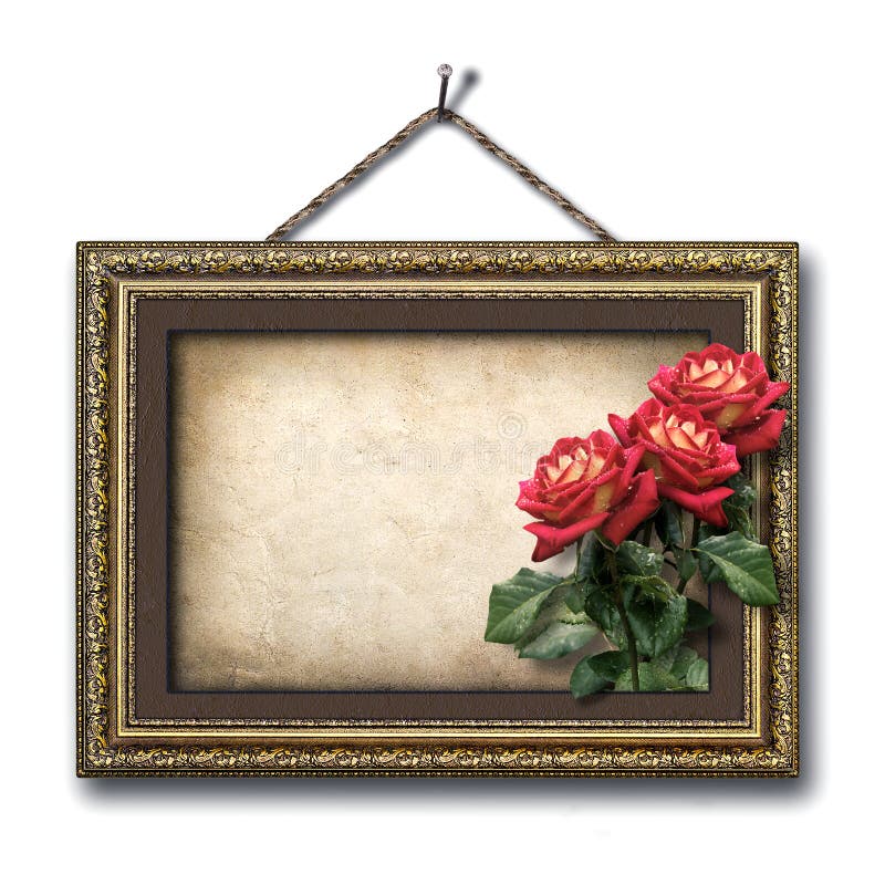 Vintage Picture Frame and a Bouquet of Red Roses Stock Photo - Image of ...
