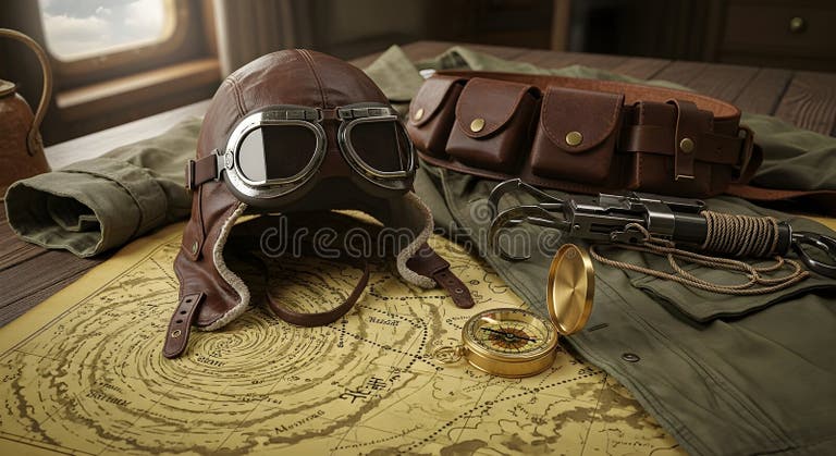 Vintage Pilot Hat, Compass, Grappling Hook, and Map for Adventurous ...