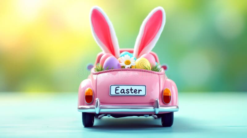 Vintage Pink Car with Easter Eggs, Flowers and Bunny Ears in Springtime ...