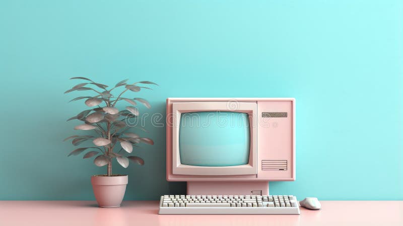Vintage Pink Computer with Plant Nostalgic Interactive Media Stock ...