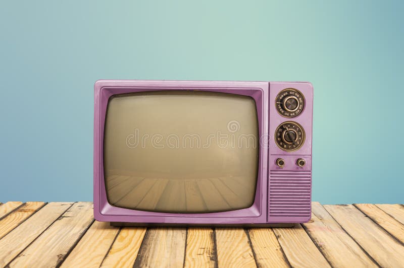 Vintage Pink Television on Office Table with Blue Banner Background ...