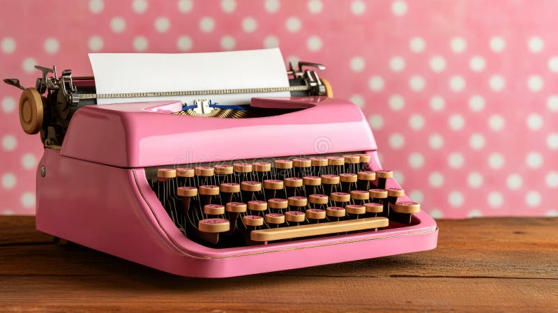 Vintage Pink Typewriter on Wooden Table with Polka Dot Background for ...