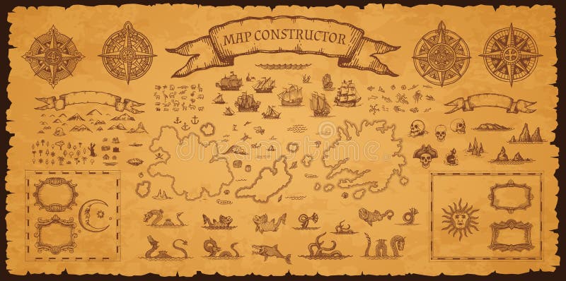 Vintage Pirate Map Constructor, Set of Elements Stock Vector - Illustration of fantasy, nautical ...