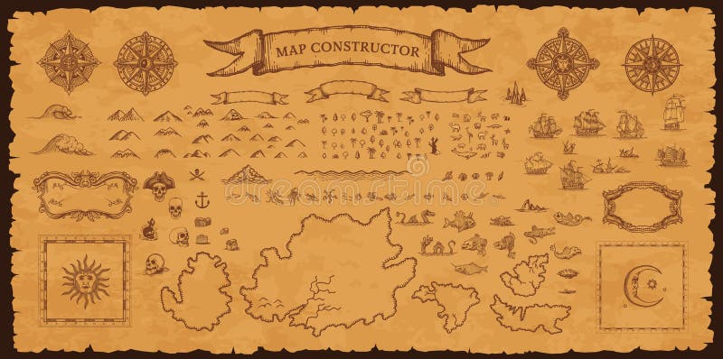 Vintage Pirate Map Constructor, Set of Elements Stock Vector ...
