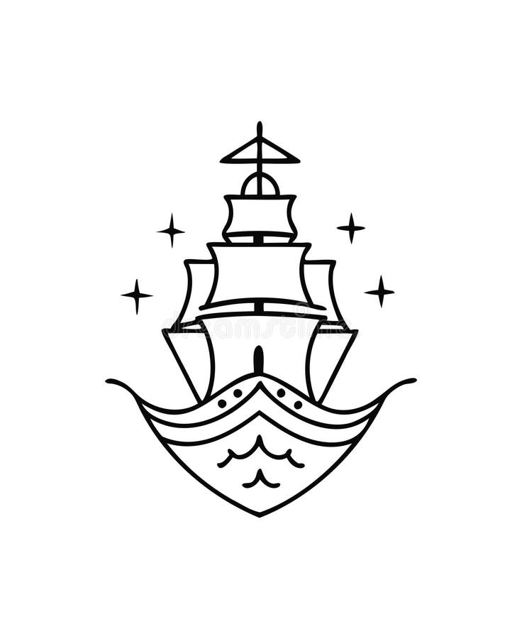 Vintage Pirate Ship Line Art Illustration Stock Illustration ...