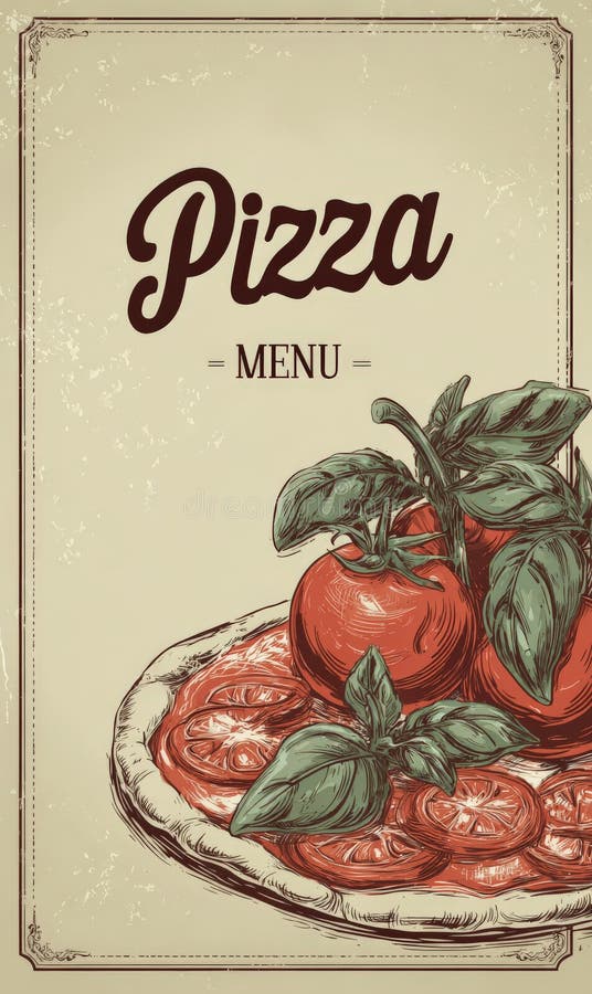 Vintage Pizza Menu with Tomatoes and Basil Stock Illustration ...