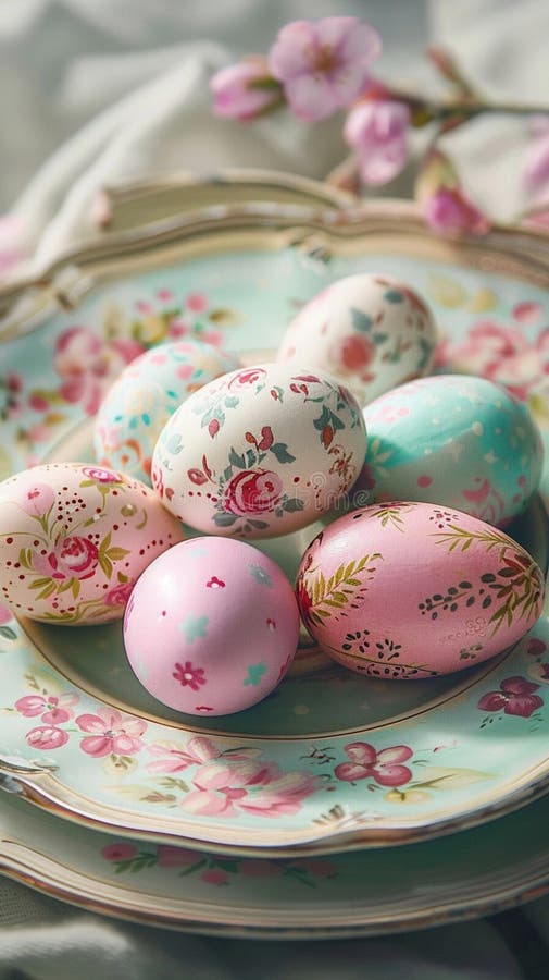 Vintage Plate Adorned with Decorated Pastel Easter Eggs Stock ...