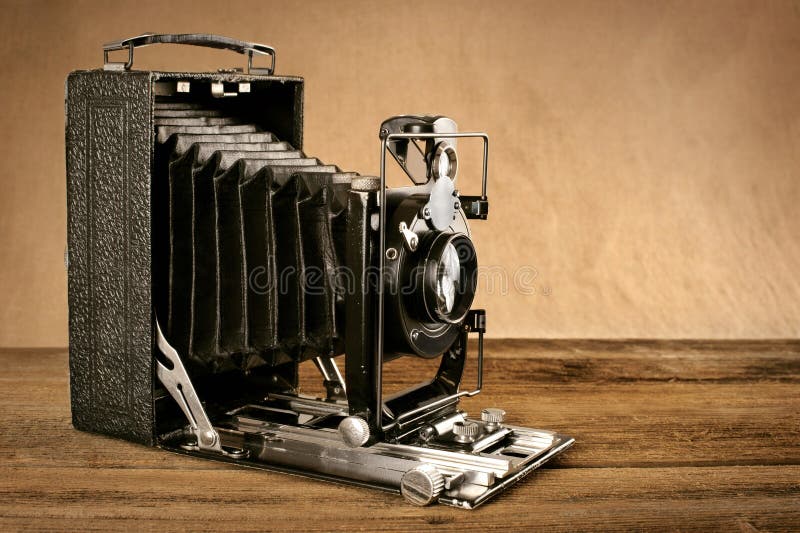 Vintage Plate-camera on a Wooden Table. Stock Image - Image of closeup ...