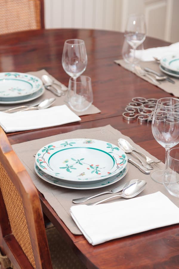 Vintage Plates in Table Setting Stock Photo - Image of plate, table ...