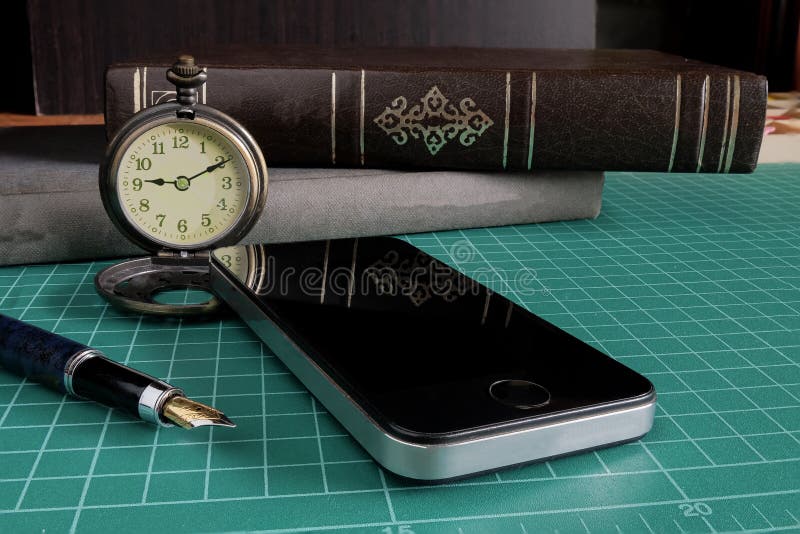 Vintage Pocket Watch with Cell Phone and a Business Tool. Stock Image ...