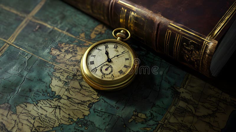 Vintage Pocket Watch Clock on Ancient Map Stock Illustration ...