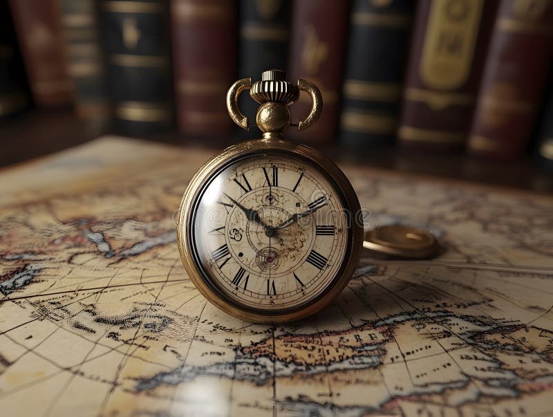 Vintage Pocket Watch Clock on Ancient Map Stock Illustration ...