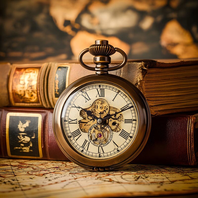 Vintage Pocket Watch Clock on Ancient Map Stock Illustration ...