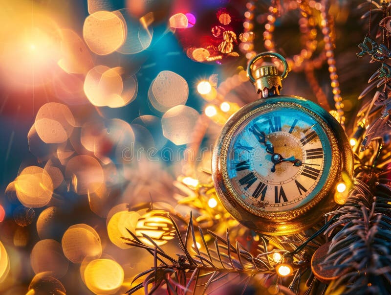 Vintage Pocket Watch Hanging on a Christmas Tree with Lights Festive ... Vintage Pocket Watch Hanging on a Christmas Tree with Lights Festive ...