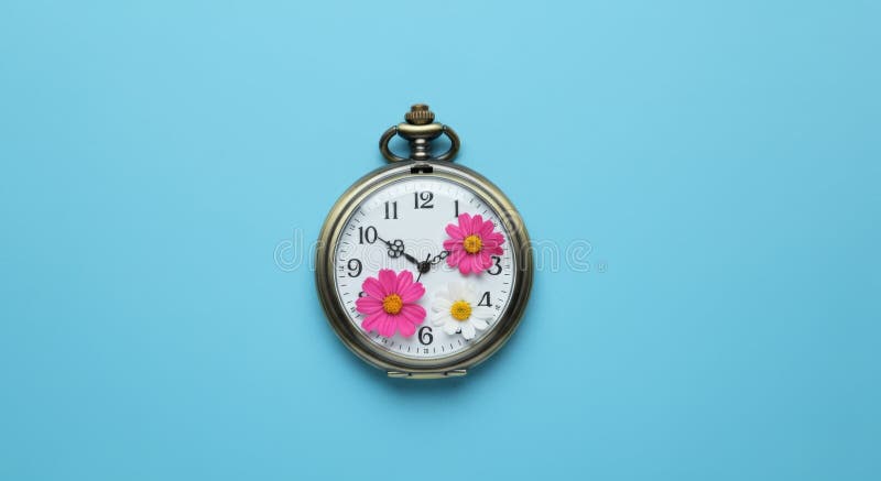 Vintage Pocket Watch with Spring Floral Design on Blue Background ...