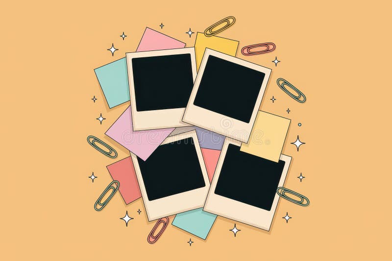 Vintage Polaroid Frames with Colorful Paper Clips and Sticky Notes on ...