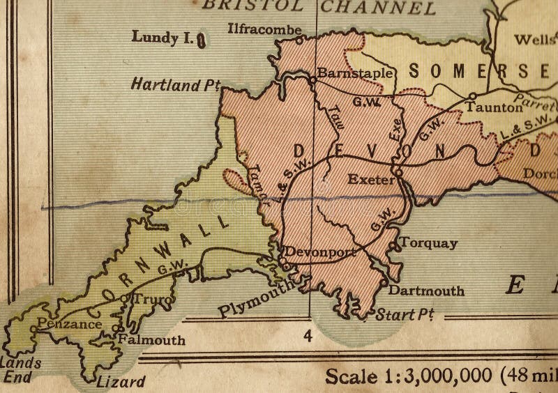 A Vintage Political Map of Cornwall and Devon, England in Sepia. Stock ...