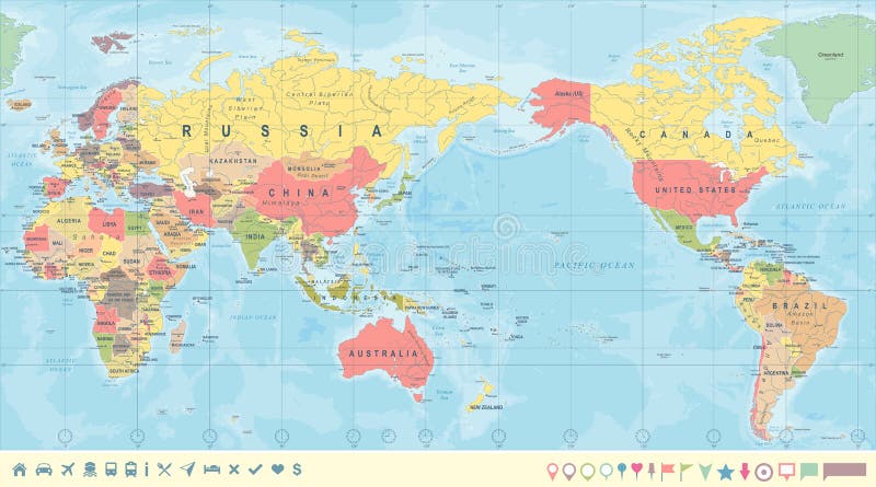 World Map - Pacific View - Asia China Center - Political Topographic ...