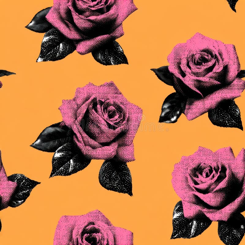 Vintage Pop Art Roses on Bold Orange Background - Trendy Floral Pattern. Stock Image - Image of ...