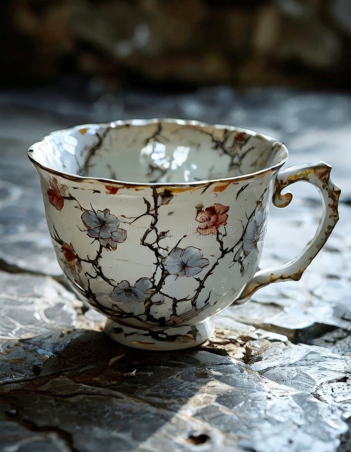 Vintage Porcelain Teacup with Floral Design on Rustic Surface Stock ...