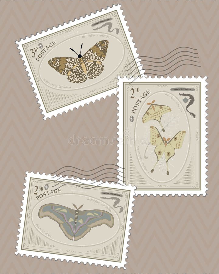 Vintage Post Stamps Set with Butterflies. Stock Vector - Illustration ...