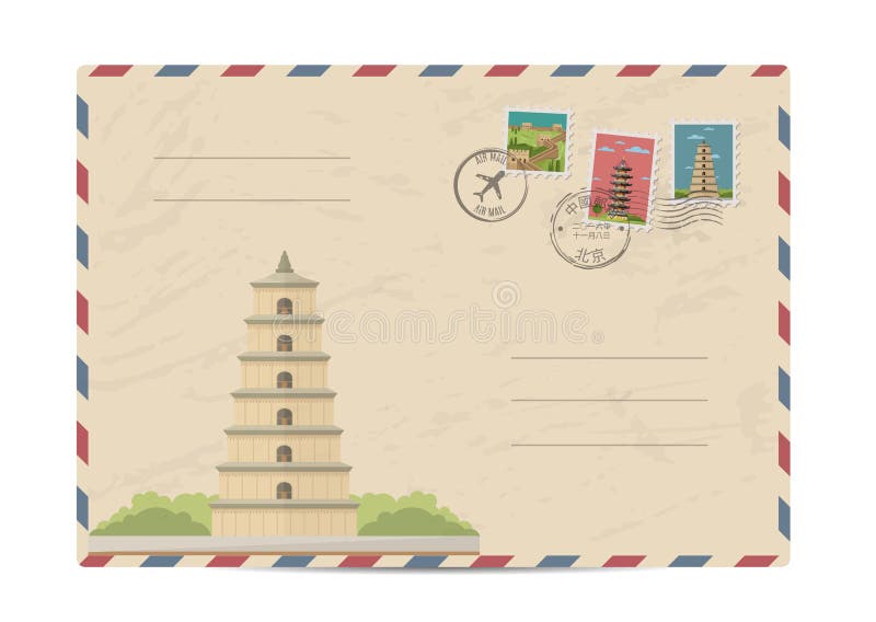 Vintage Postal Envelope with China Stamps Stock Vector - Illustration ...