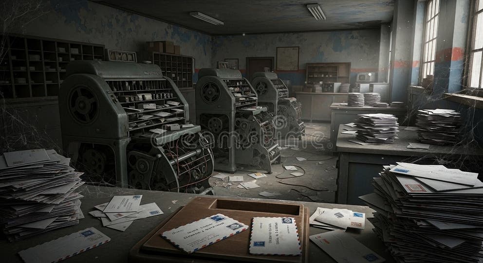Vintage Postal Sorting Machines and Stacks of Mail in a Dusty ...
