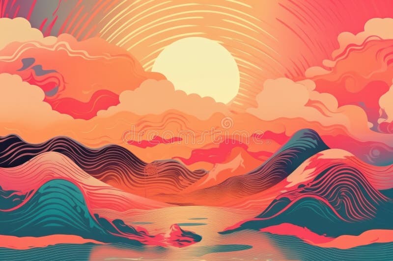 Vintage Poster of a Psychedelic Sunrise, with Warm and Pastel Tones ...