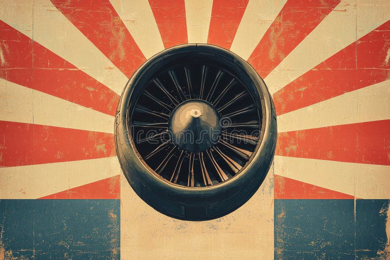 Vintage Poster Showcasing a Jet Engine with Abstract Sunburst Design ...