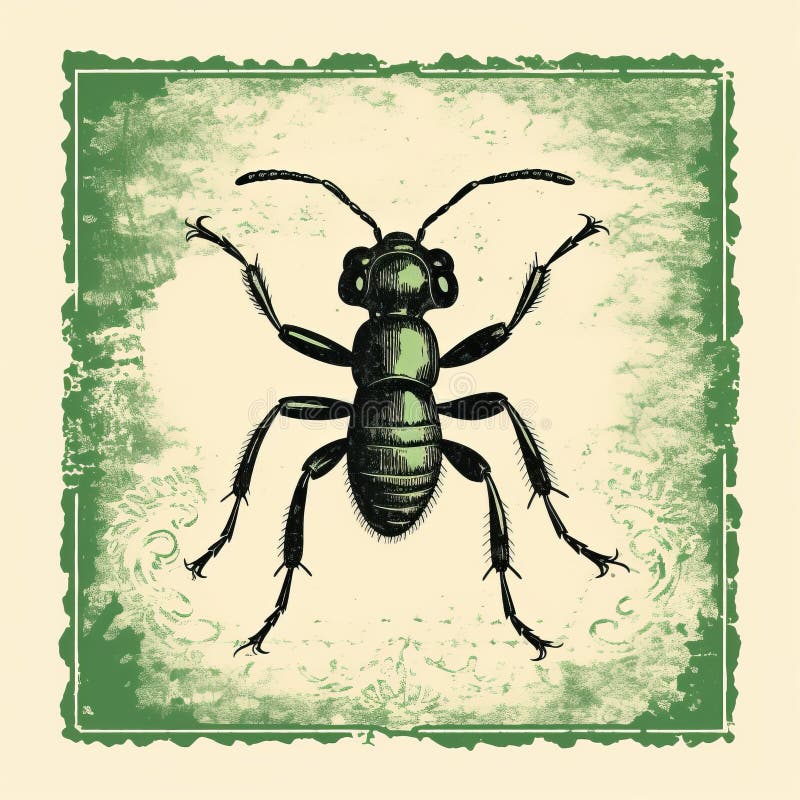 Vintage Poster Style Beetle Drawing in Green Ink Stock Illustration ...