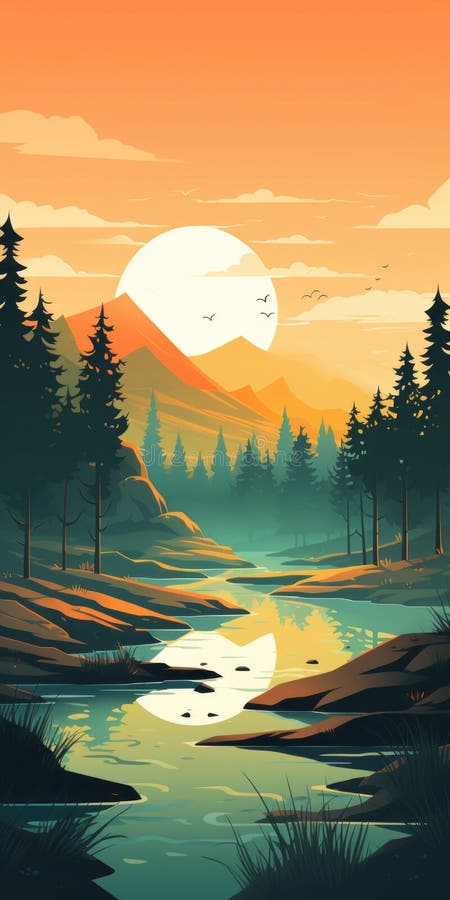 Vintage Poster Style Landscape with Trees and River Stock Illustration ...