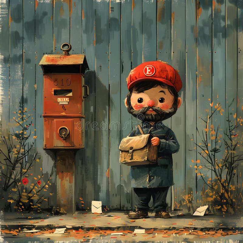 Vintage Postman Scene with Wooden Background and Scattered Envelopes ...