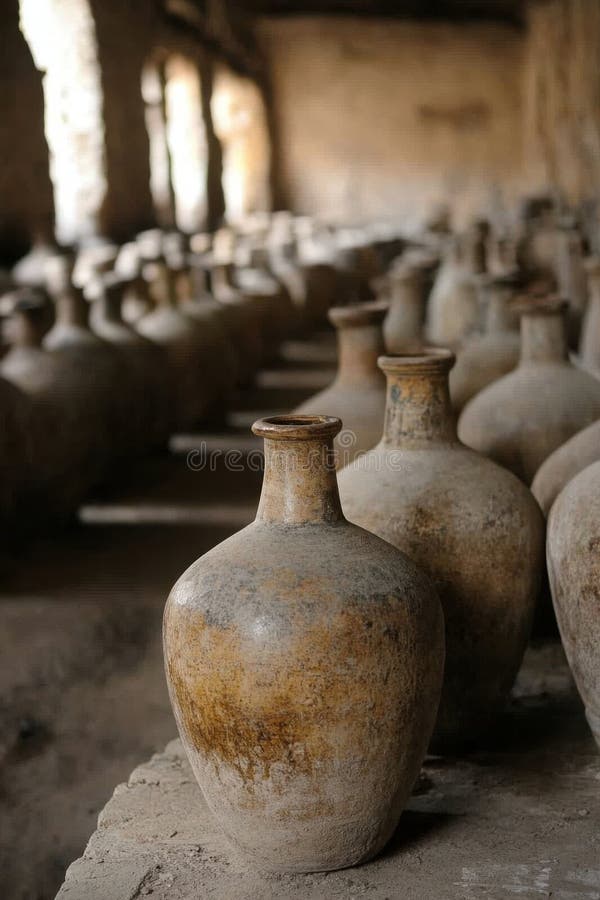 Vintage Pottery Collection in Rustic Warehouse Setting Stock ...